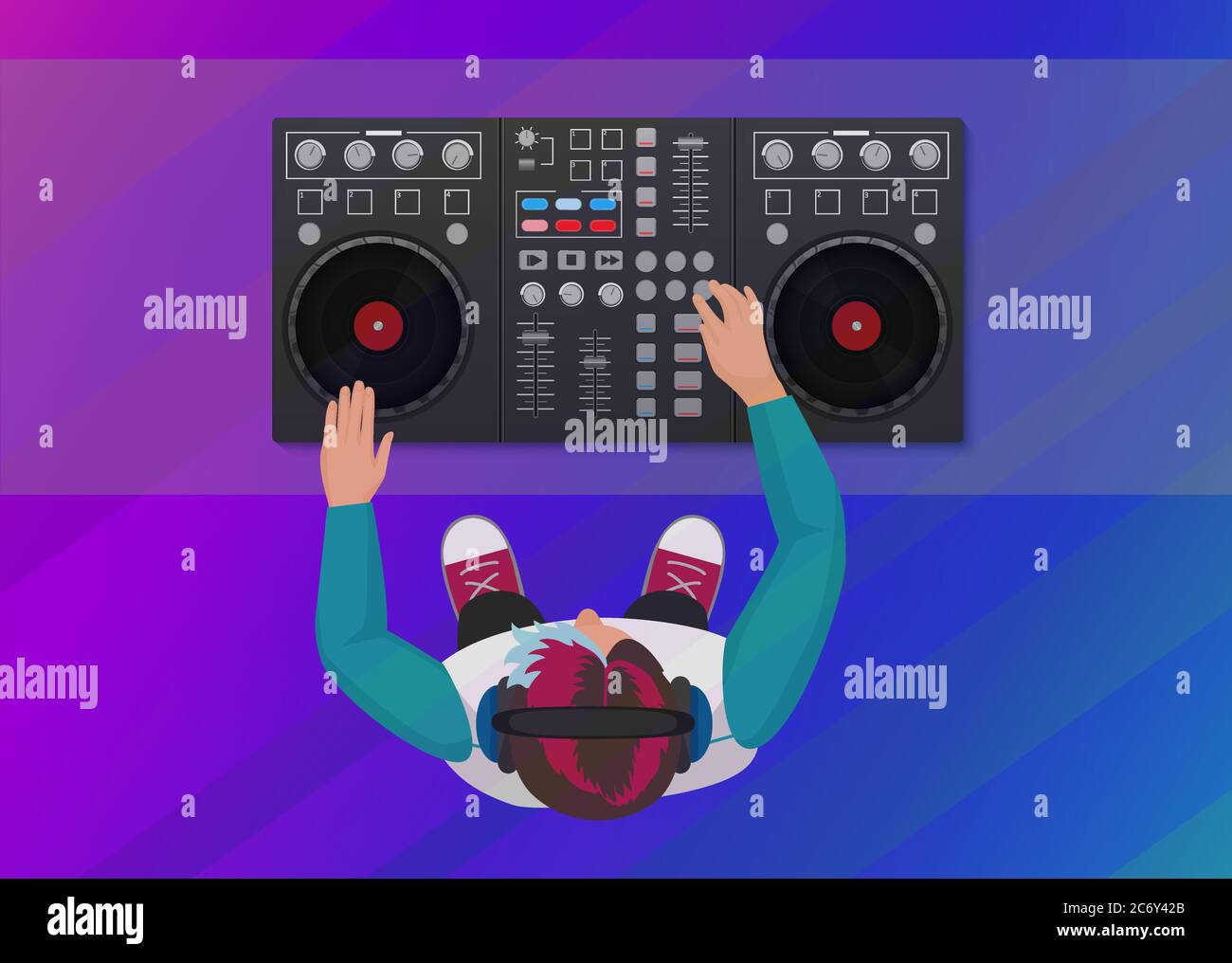 DJ playing vinyl on the neon color light background. Top view. DJ ...