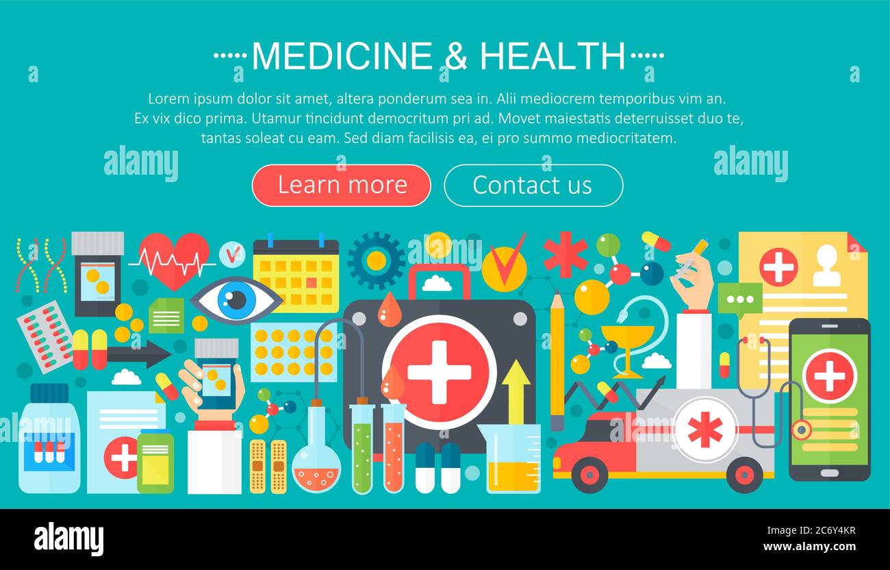 Medicine and health design concept set with healthcare medicine devices ...