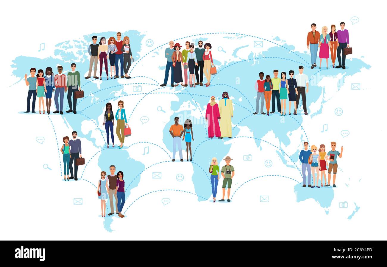 The people connected with lines standing on a world map vector ...