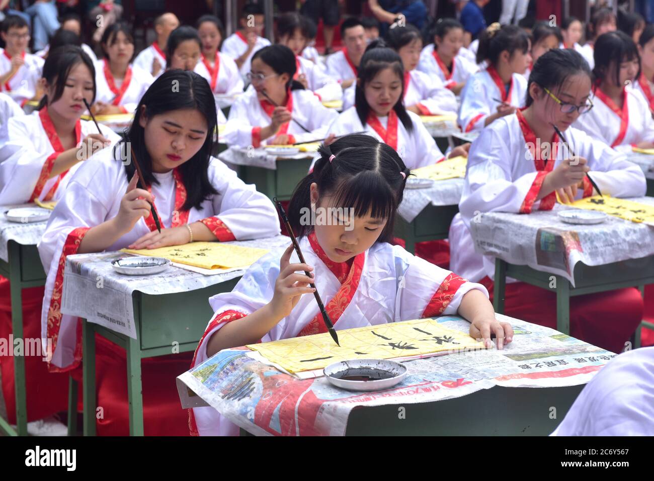 Aerial view of students dressed in traditional Chinese costume ...