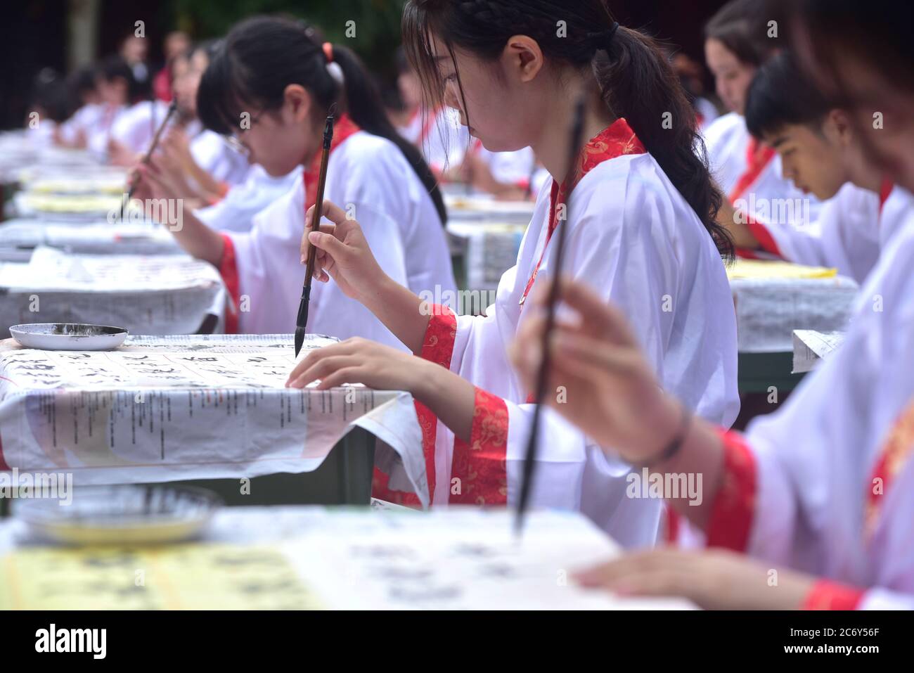 Aerial view of students dressed in traditional Chinese costume ...