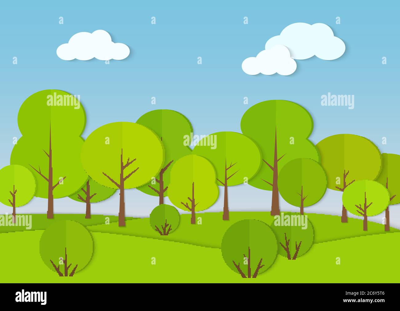 Forest woods cardboard paper landscape. Park green tree with road ...