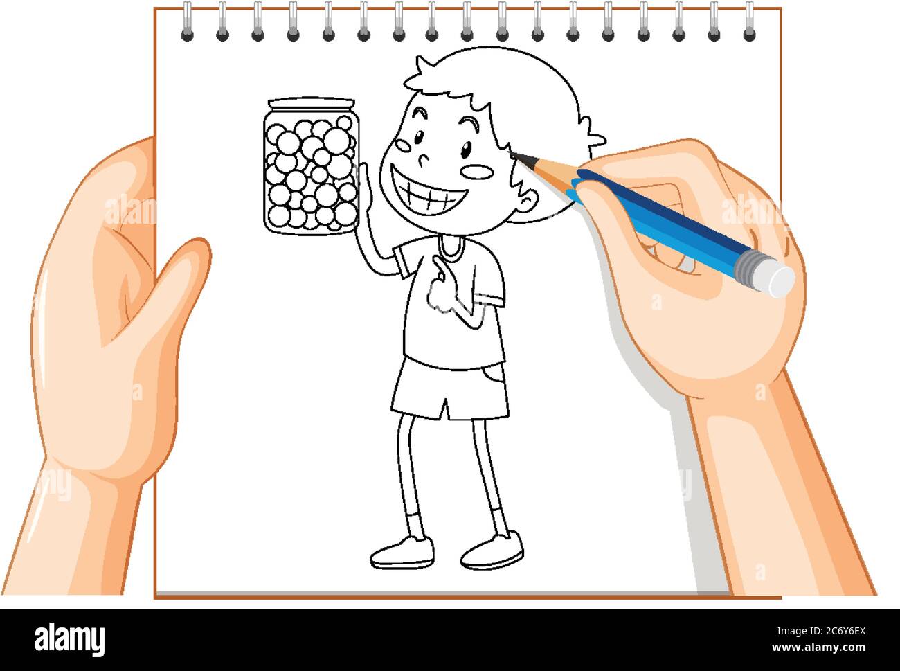 Hand writing of boy holding candy jar outline illustration Stock Vector ...