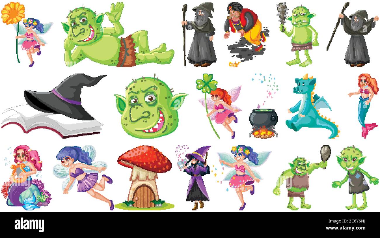 Set of fantasy cartoon characters and fantasy theme isolated on white ...