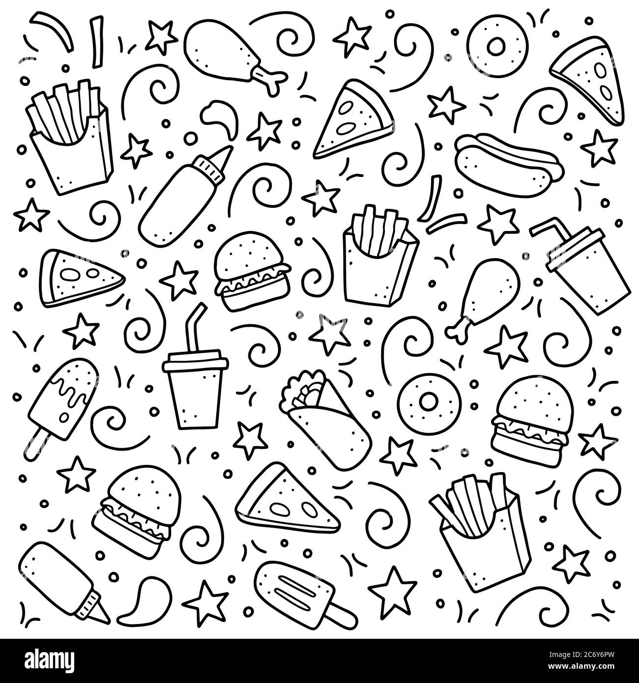 Hand drawn set of fast food elements, burger, pizza, sandwich ...