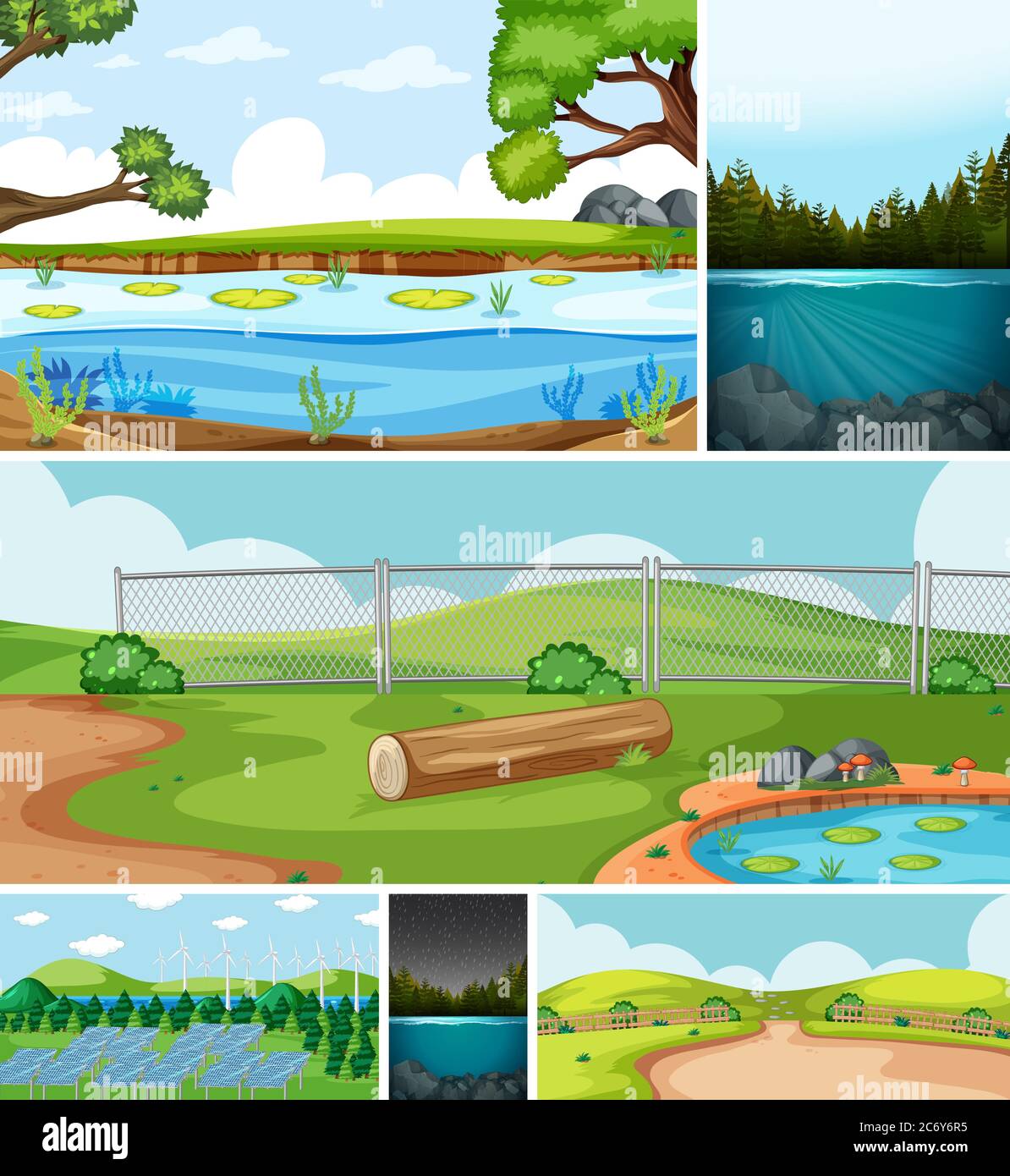 Six different scenes in nature setting cartoon style illustration Stock ...