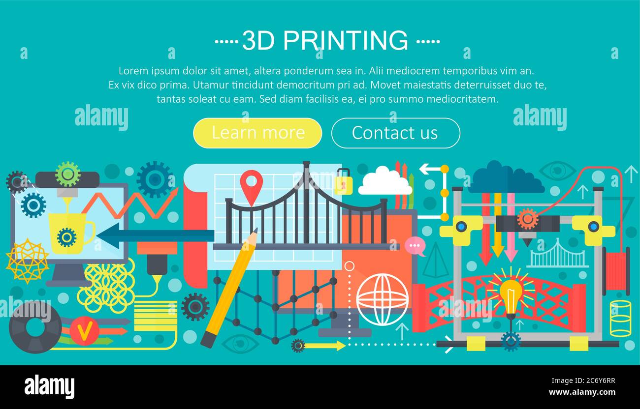 3d printer technology flat concept set. 3d modeling, printing and ...