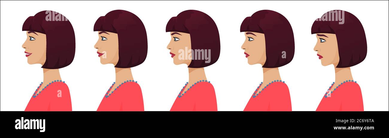 Female profile avatar expressions set. Woman facial profile emotions ...
