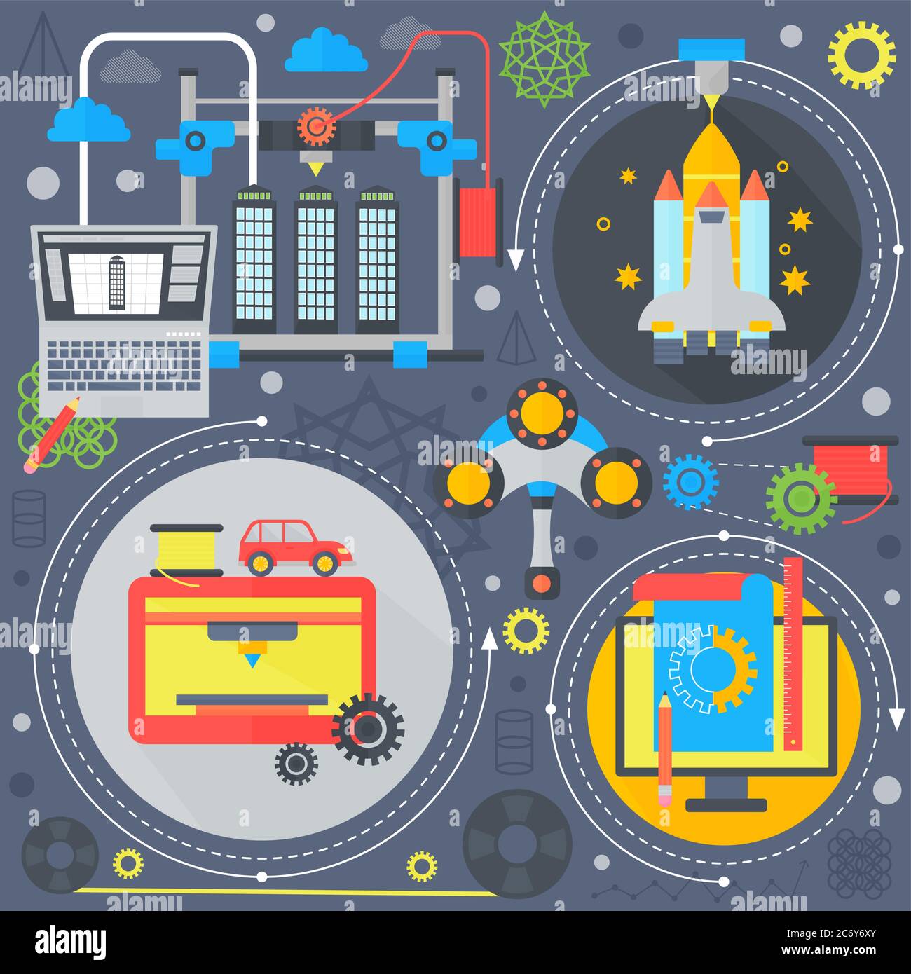 3d technology flat concept 3d printing and 3d scanning flat icons ...