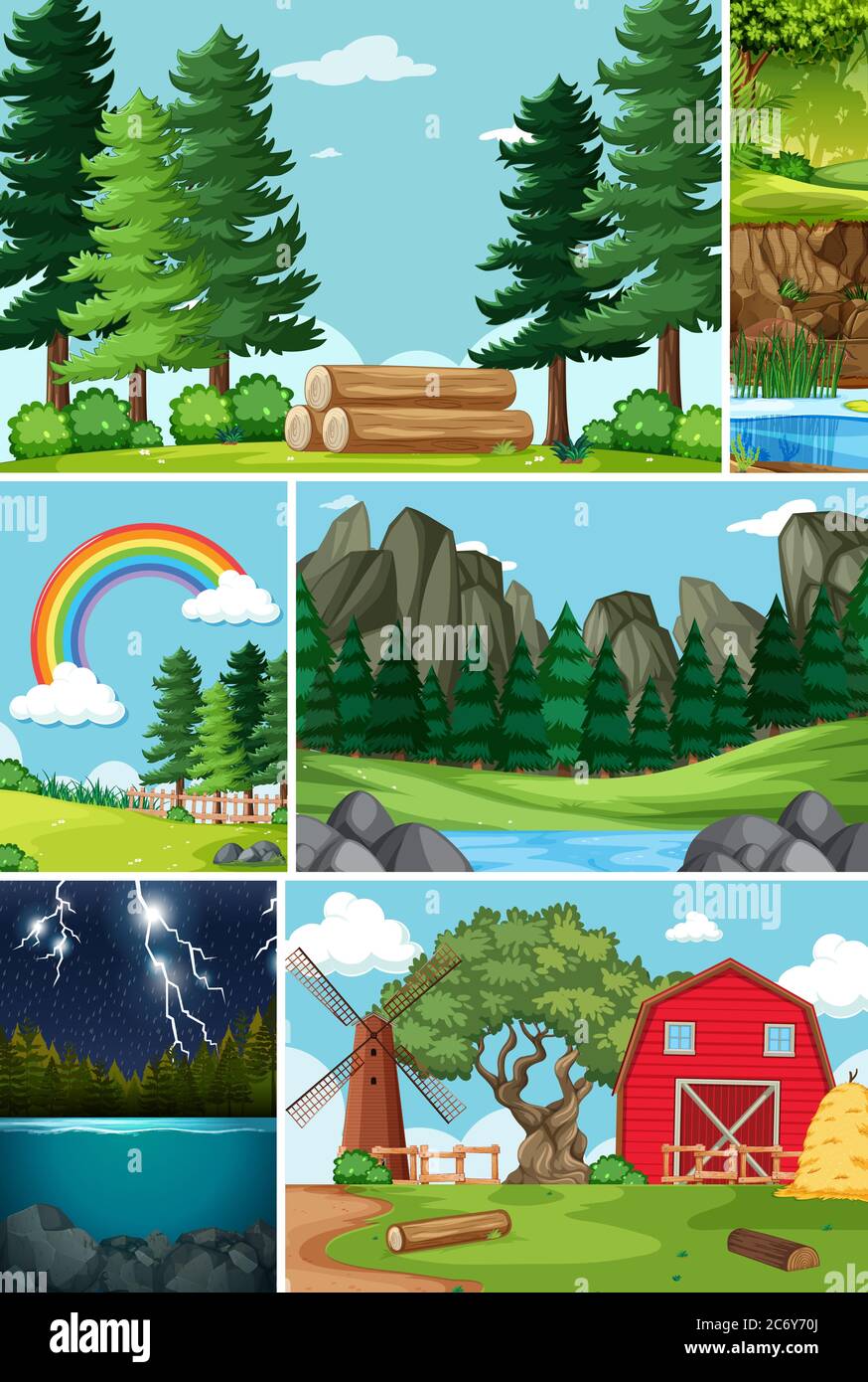 Six different scenes in nature setting cartoon style illustration Stock ...