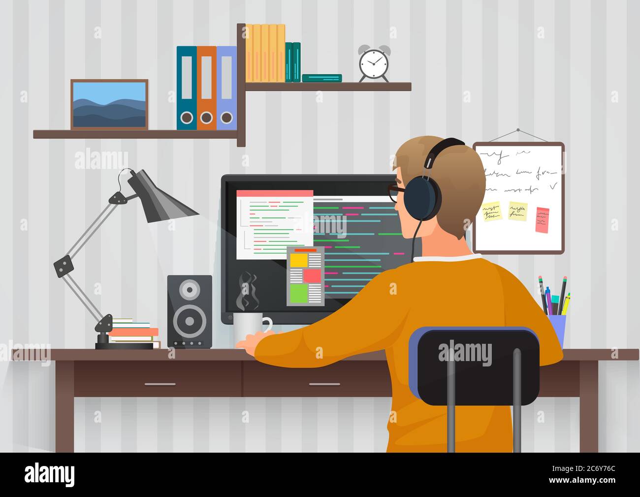 Back view of young man wearing headphones sitting at thew desk vector ...