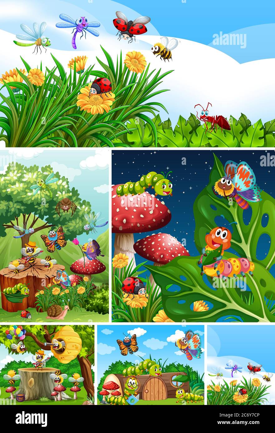 Set of different insects living in the garden background illustration ...