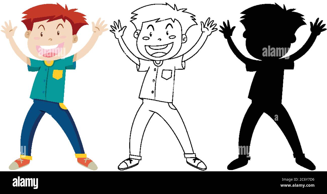 Happy young man with its outline and silhouette illustration Stock ...