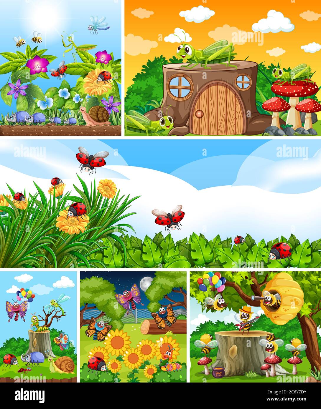 Set of different insects living in the garden background illustration ...