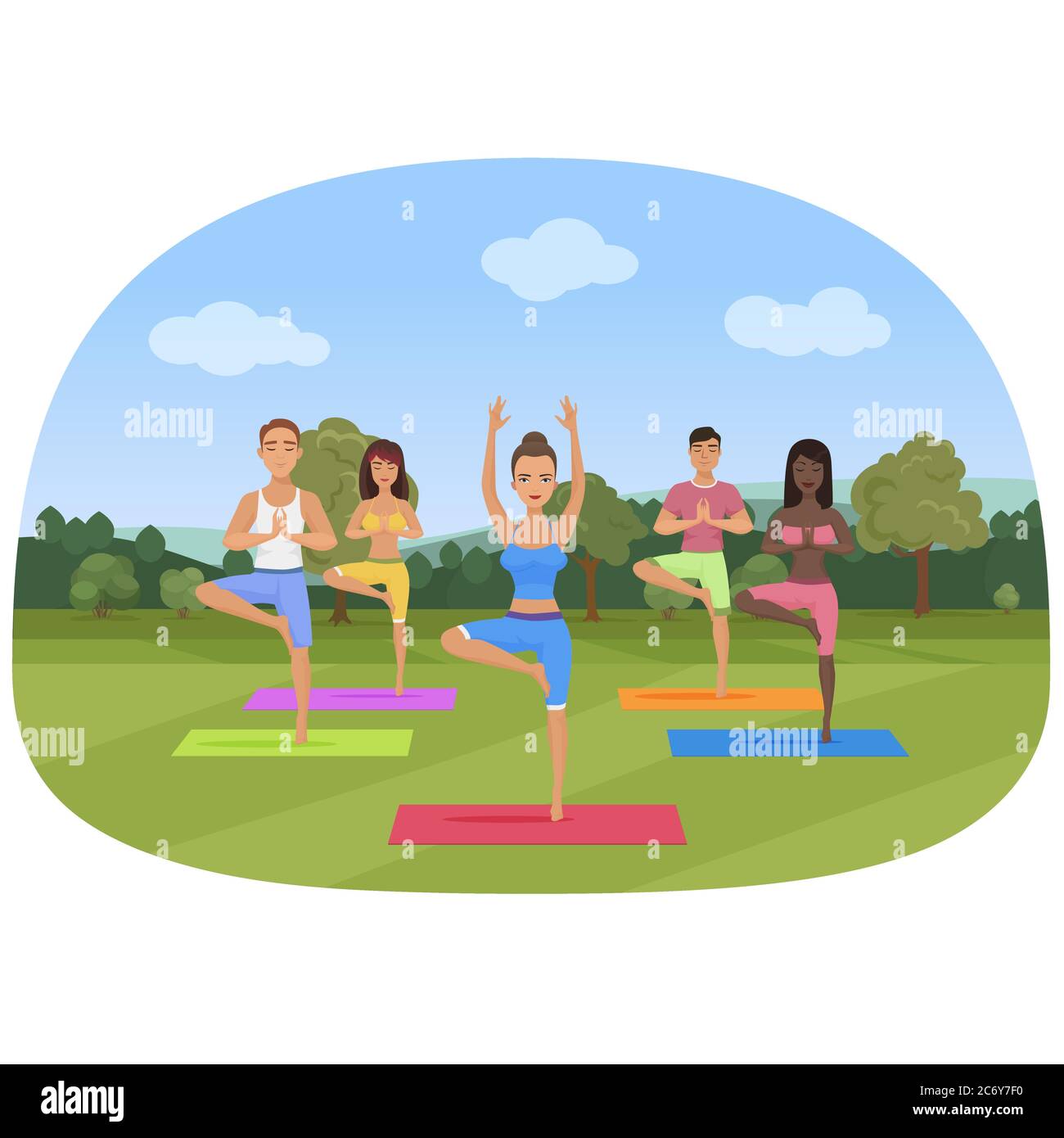 A group of people standing in the yoga position in the park vector ...