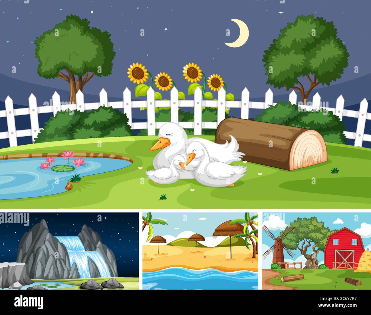 Four different scenes in nature setting cartoon style illustration ...