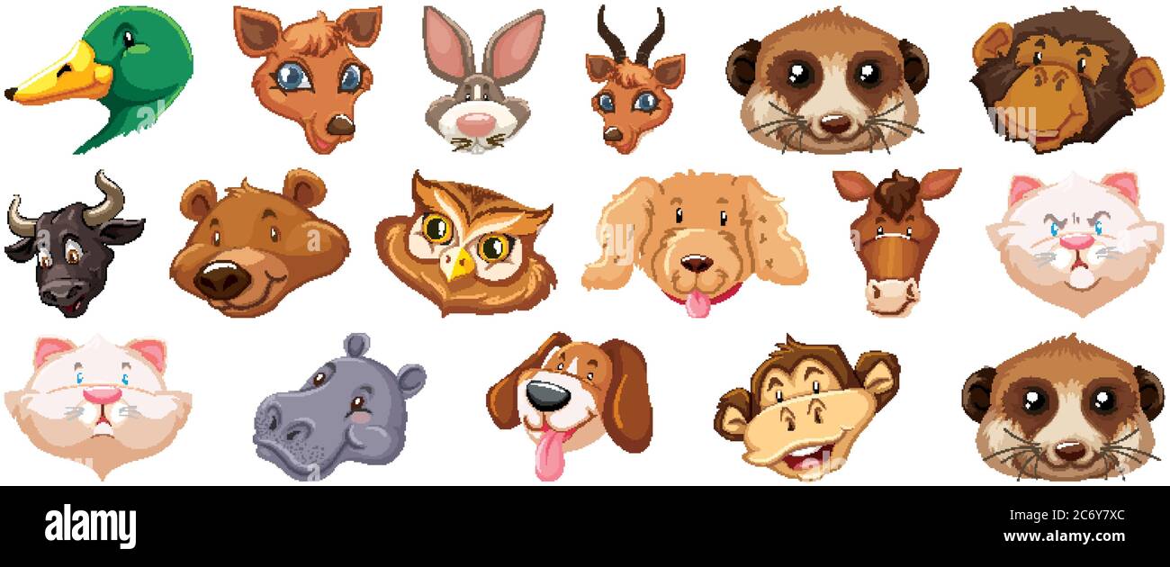 Set of different cute cartoon animals head huge isolated on white ...