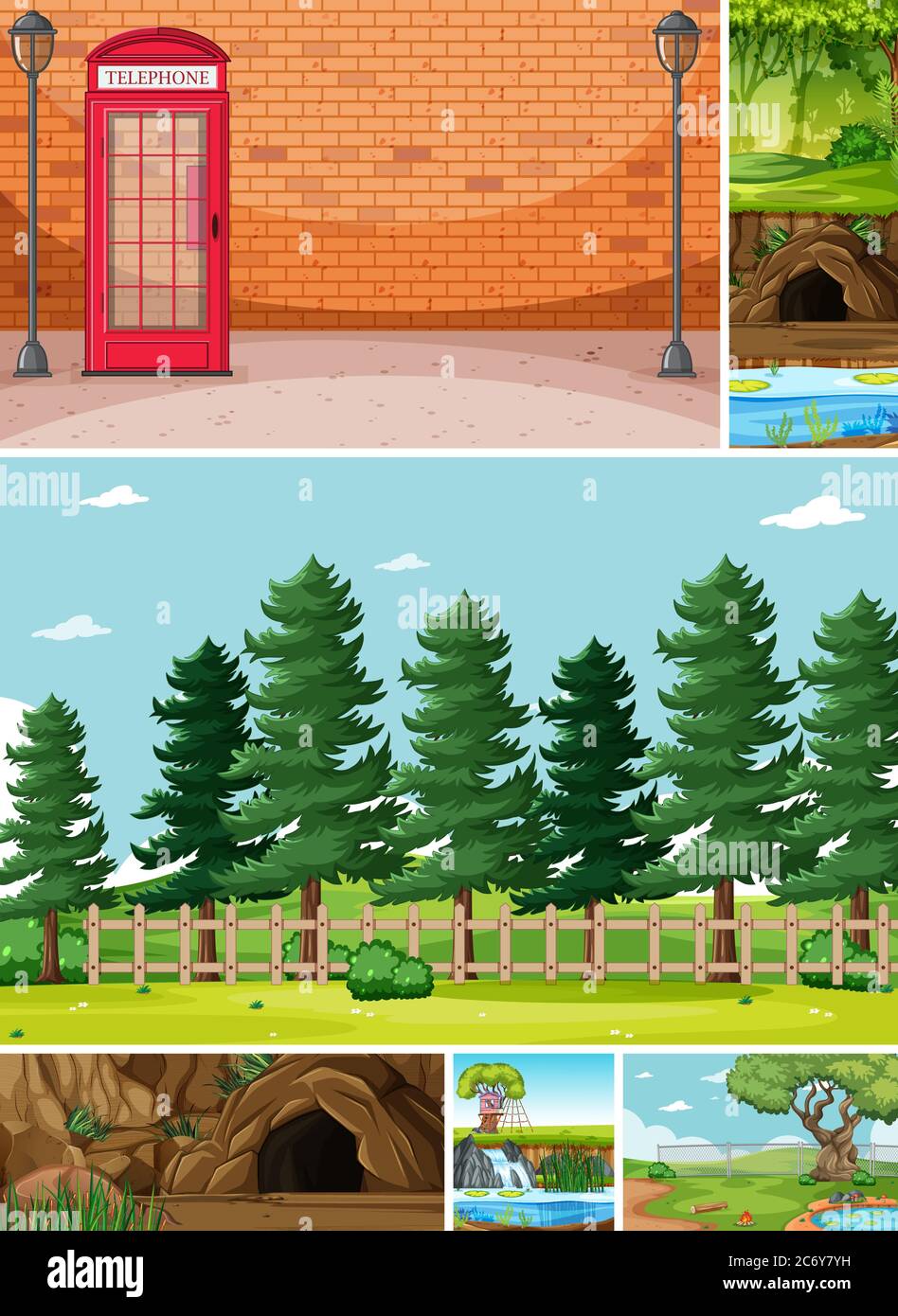 Six different scenes in nature setting cartoon style illustration Stock ...
