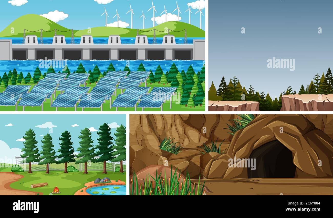 Four different scenes in nature setting cartoon style illustration ...