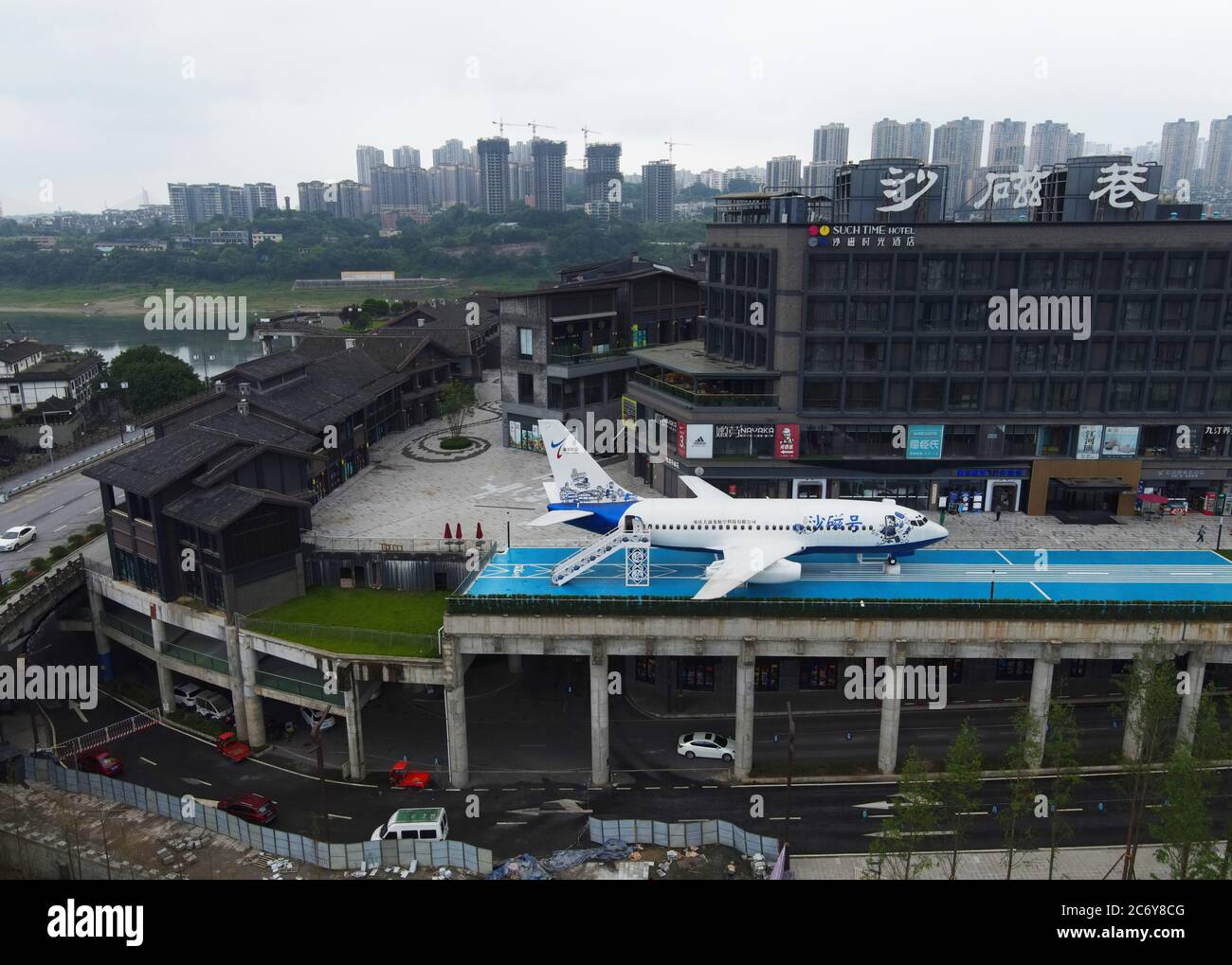 An aerial view of a retired Boeing 737 airplane, which will be ...