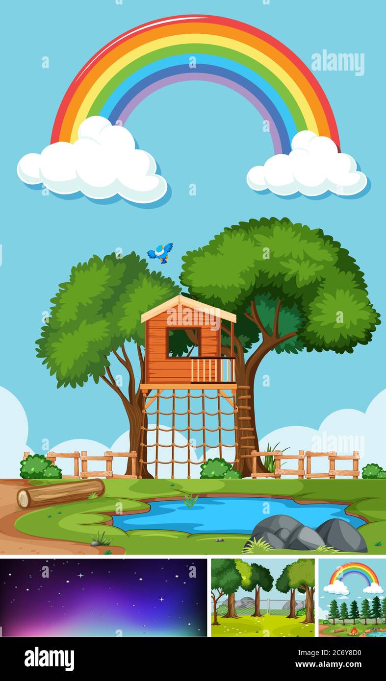 Four different scenes in nature setting cartoon style illustration ...