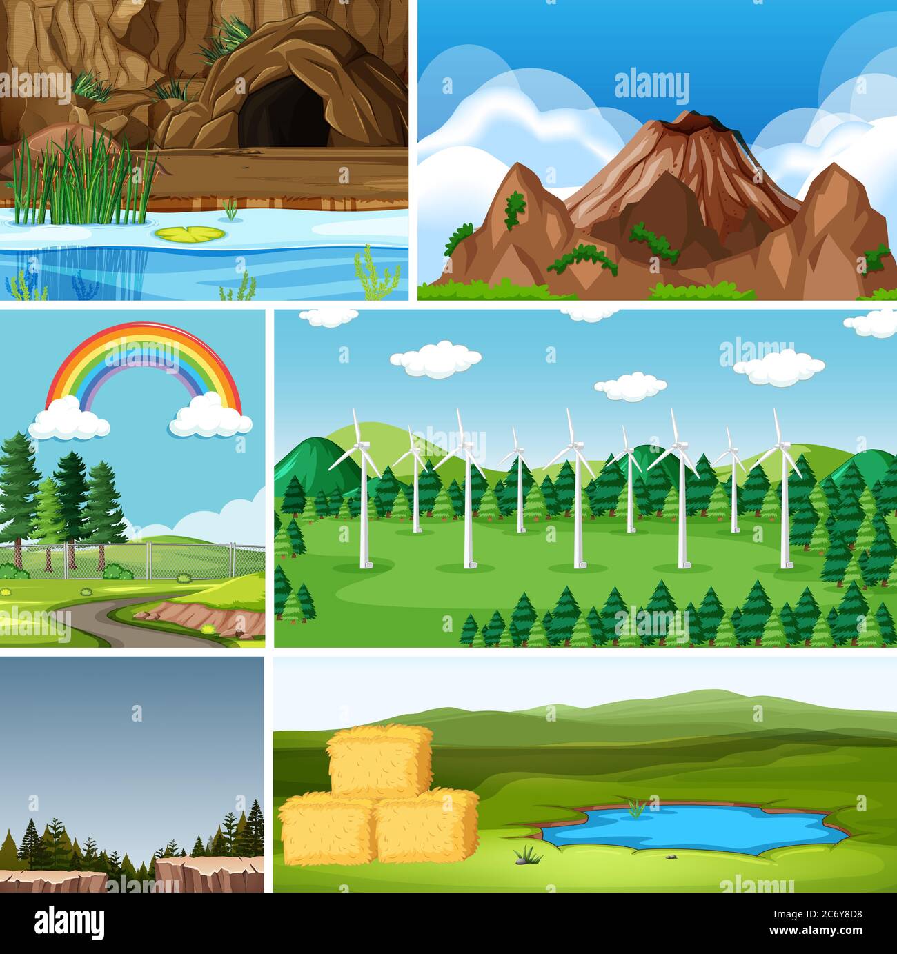 Six different scenes in nature setting cartoon style illustration Stock ...