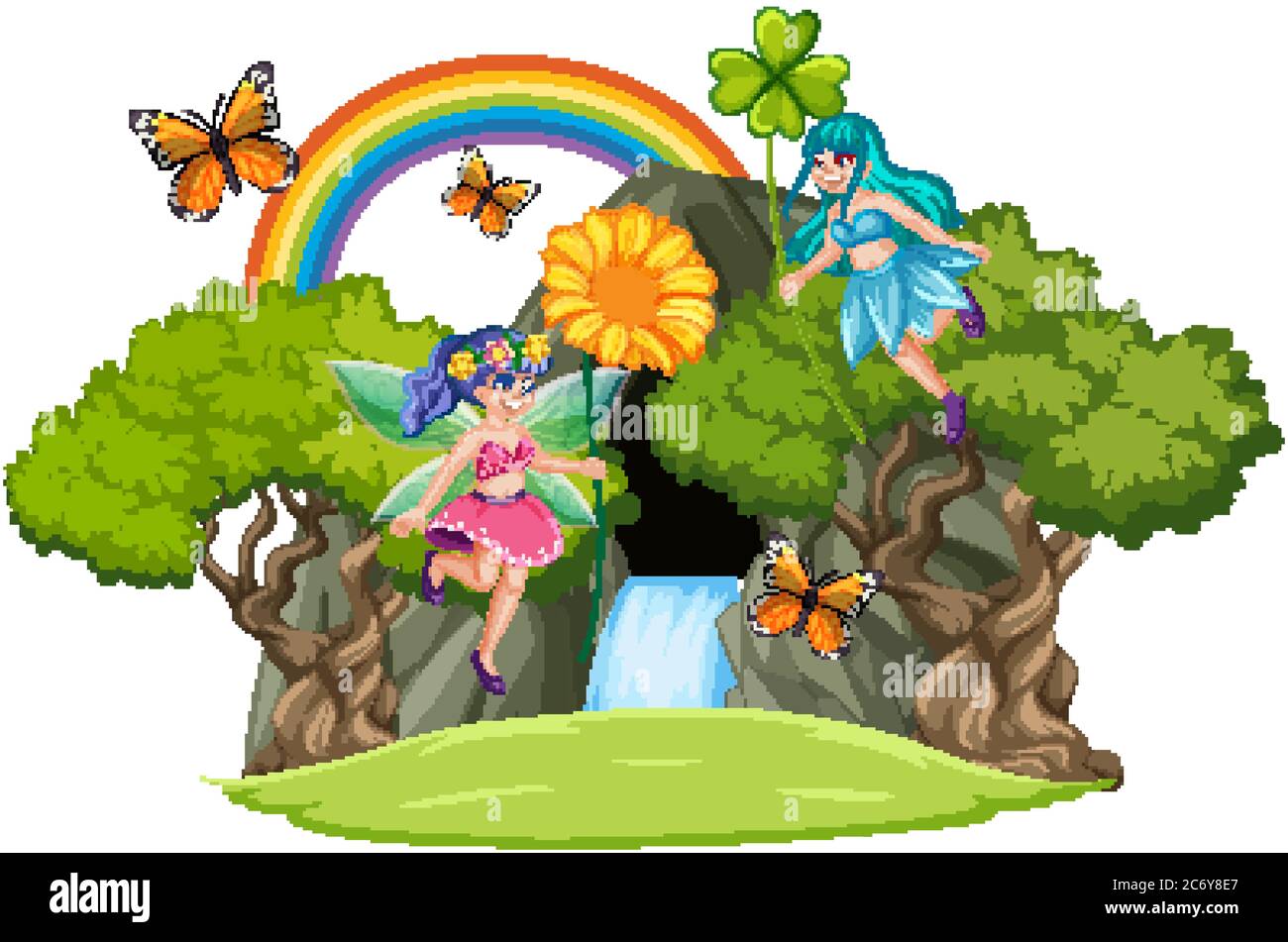 Fairy tales with waterfall cave and rainbow isolated on white ...