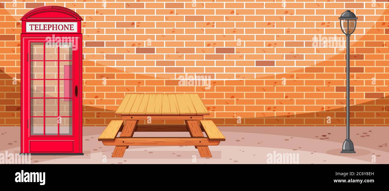 Red phone box and street lamp scene on brick wall background ...