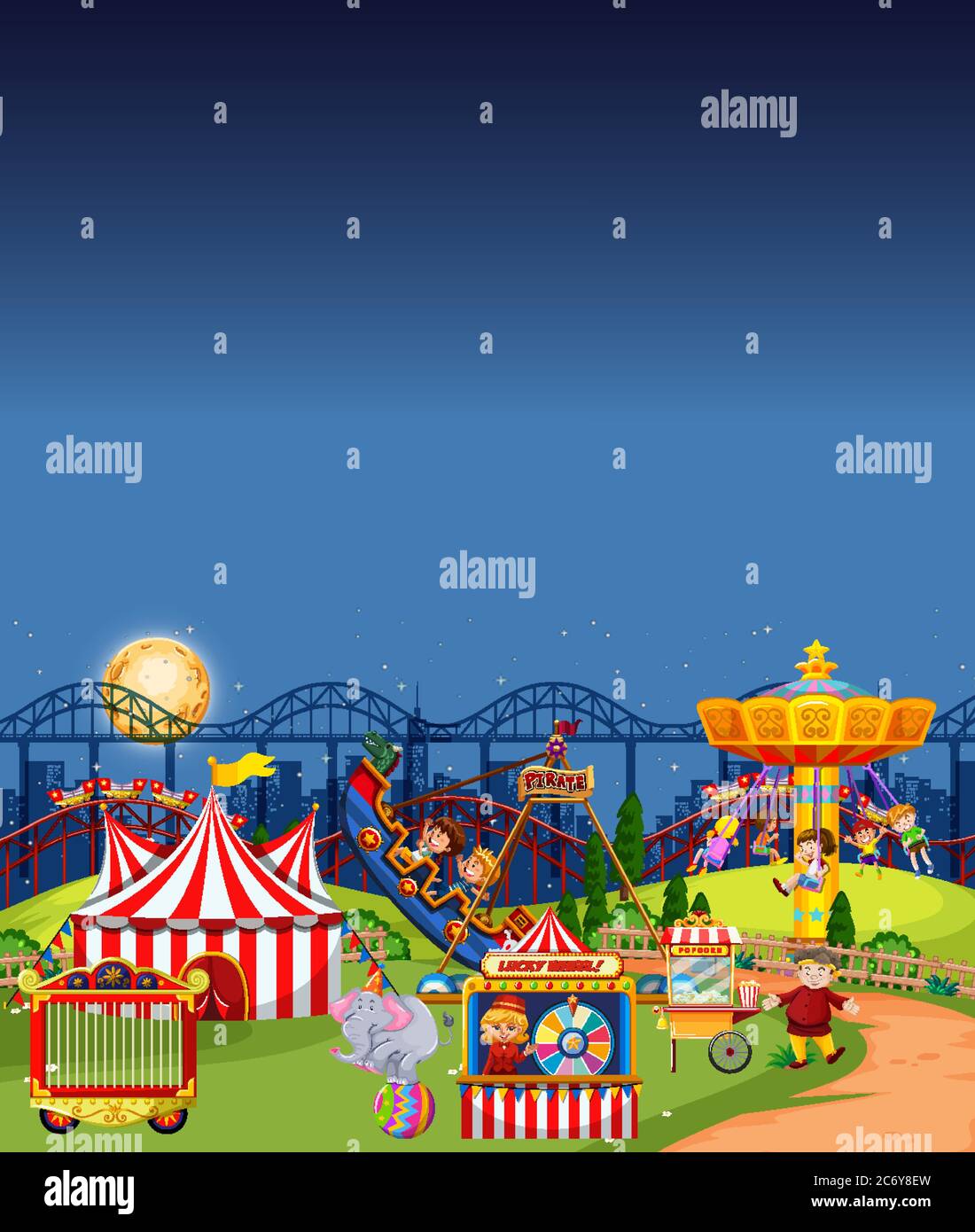 Amusement park scene at night with blank dark blue sky illustration ...