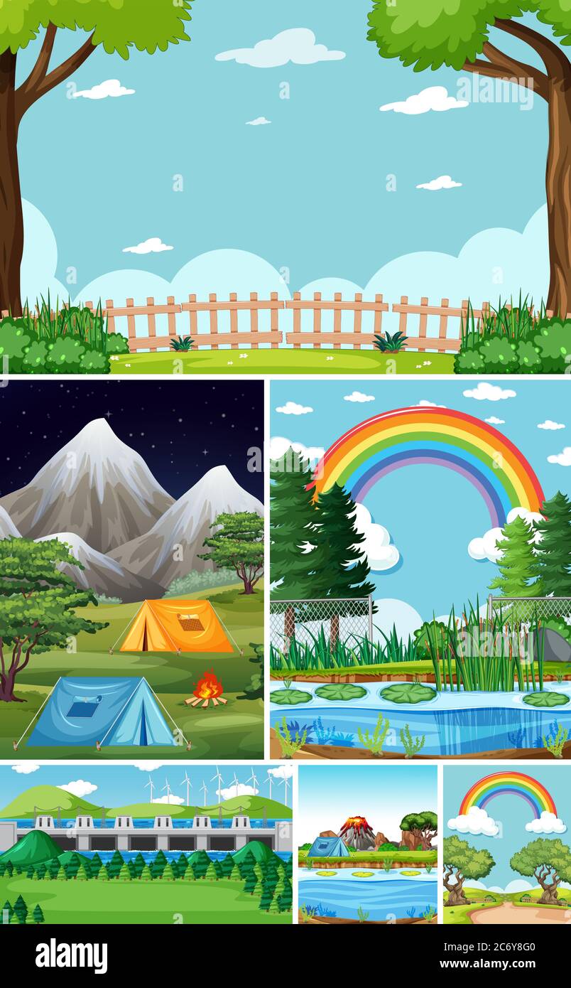 Six different scenes in nature setting cartoon style illustration Stock ...