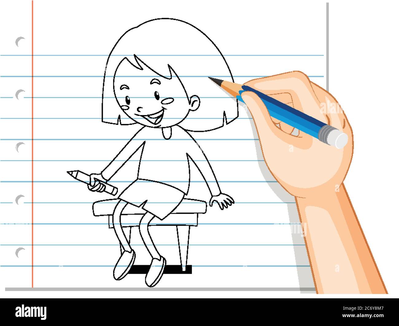 Hand writing of girl sitting on the chair outline illustration Stock ...