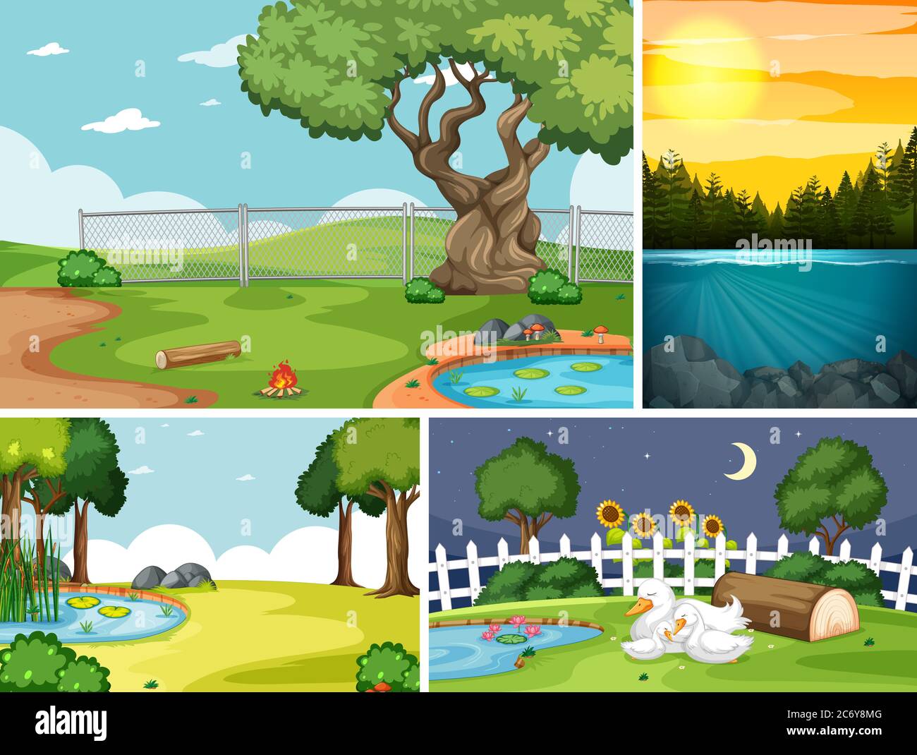Four different scenes in nature setting cartoon style illustration ...