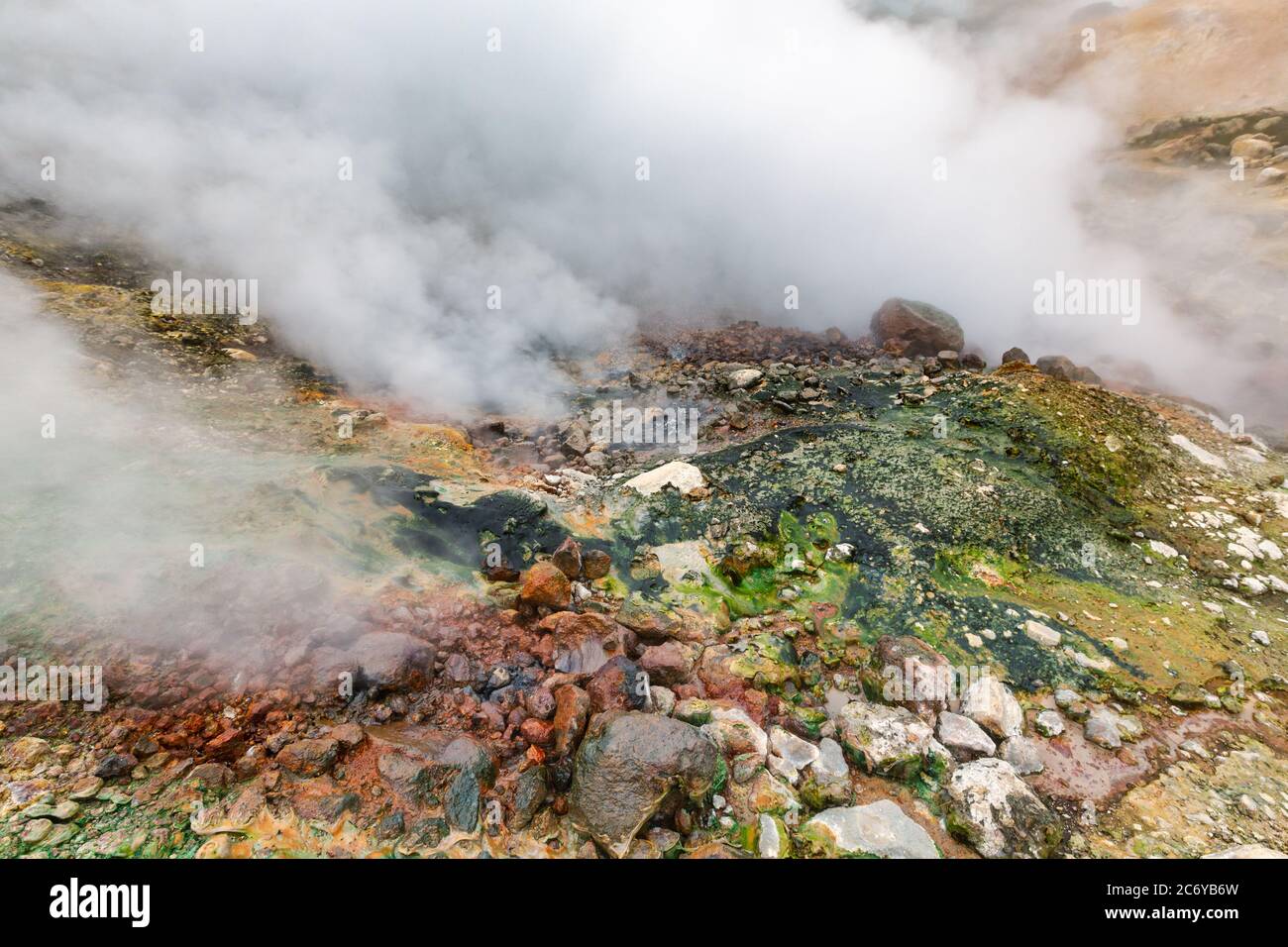 Mysterious view of volcanic landscape, aggressive hot spring, eruption ...