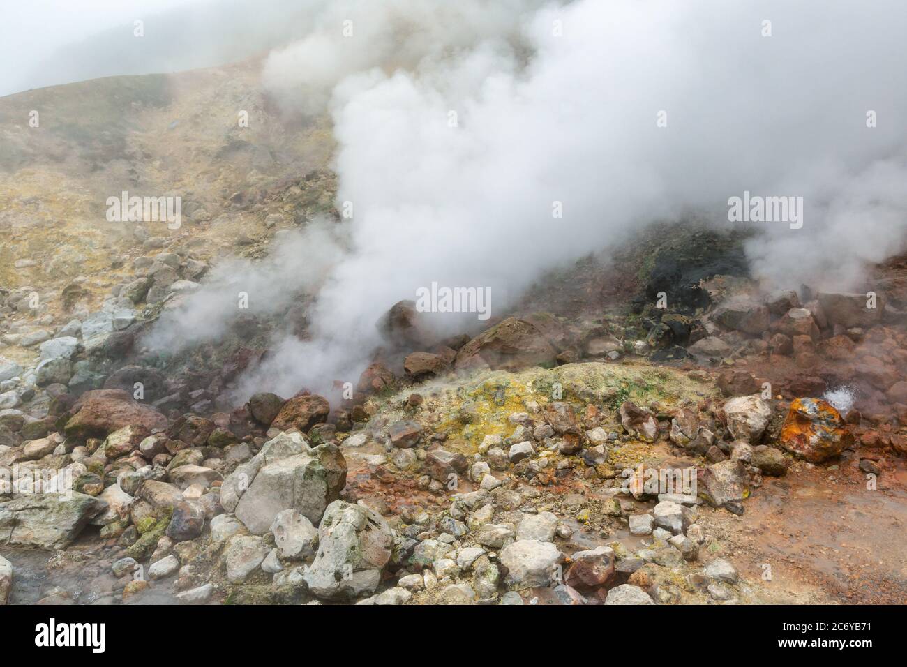 Breathtaking view of volcanic landscape, hot spring, eruption fumarole ...
