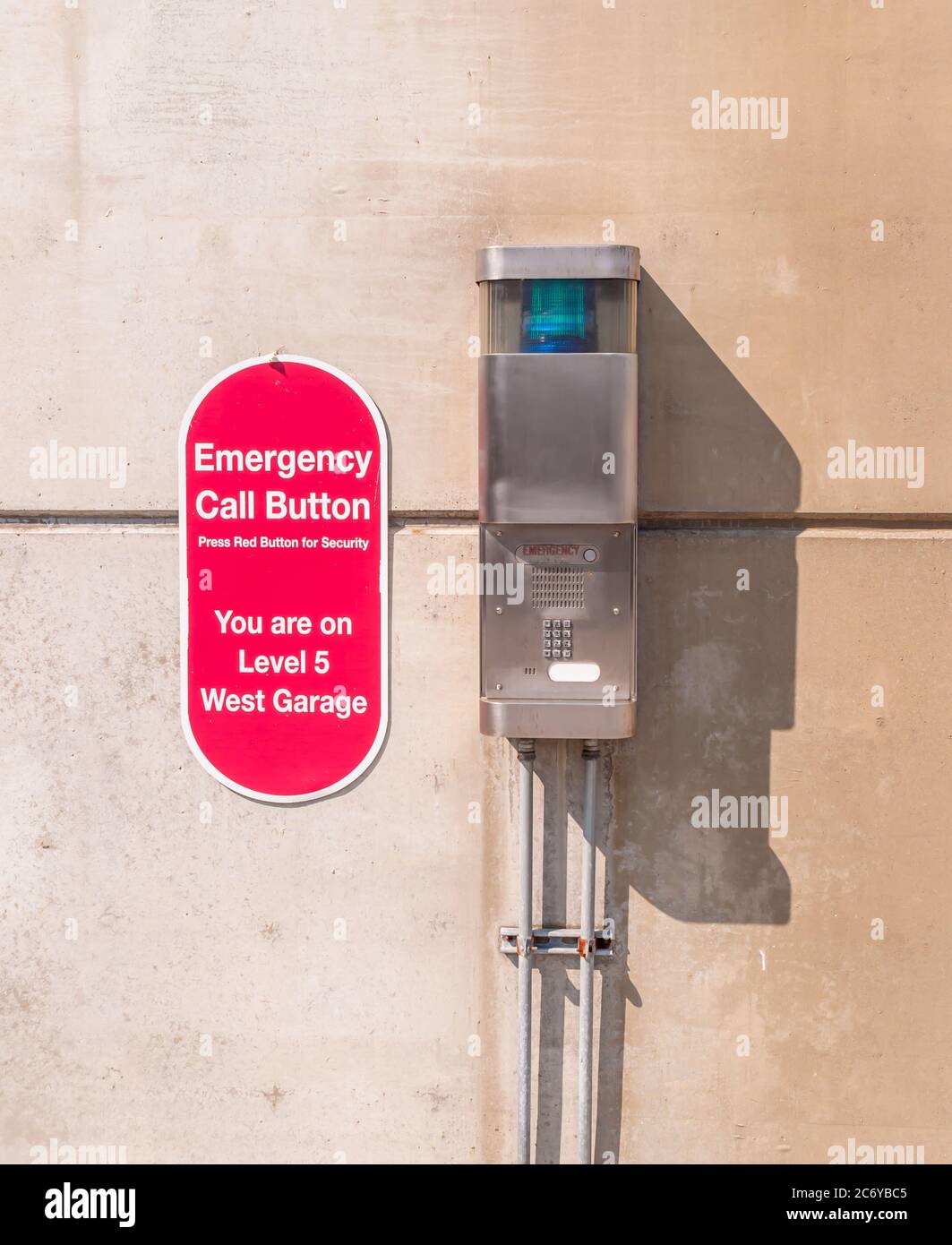 An emergency call button box in a garage in the Bakery Square complex ...