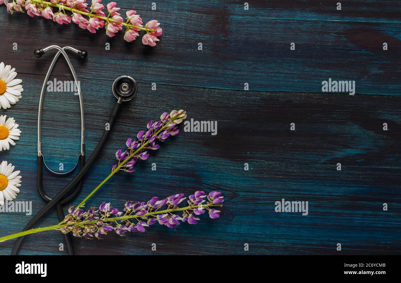 Still life made of stethoscope and flowers Stock Photo - Alamy