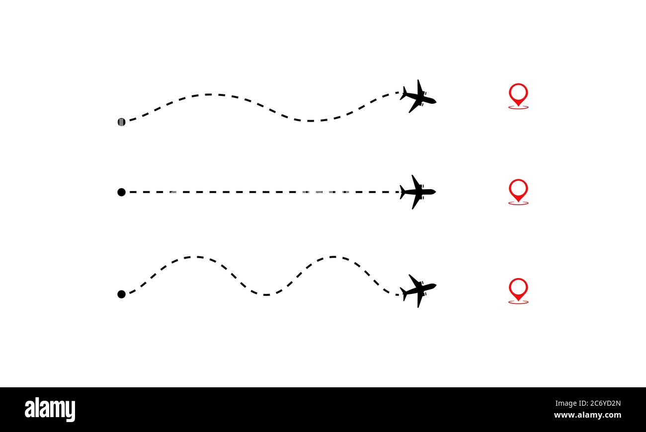 Set of airplane path to location pin. Flight tourism route path. Vector ...