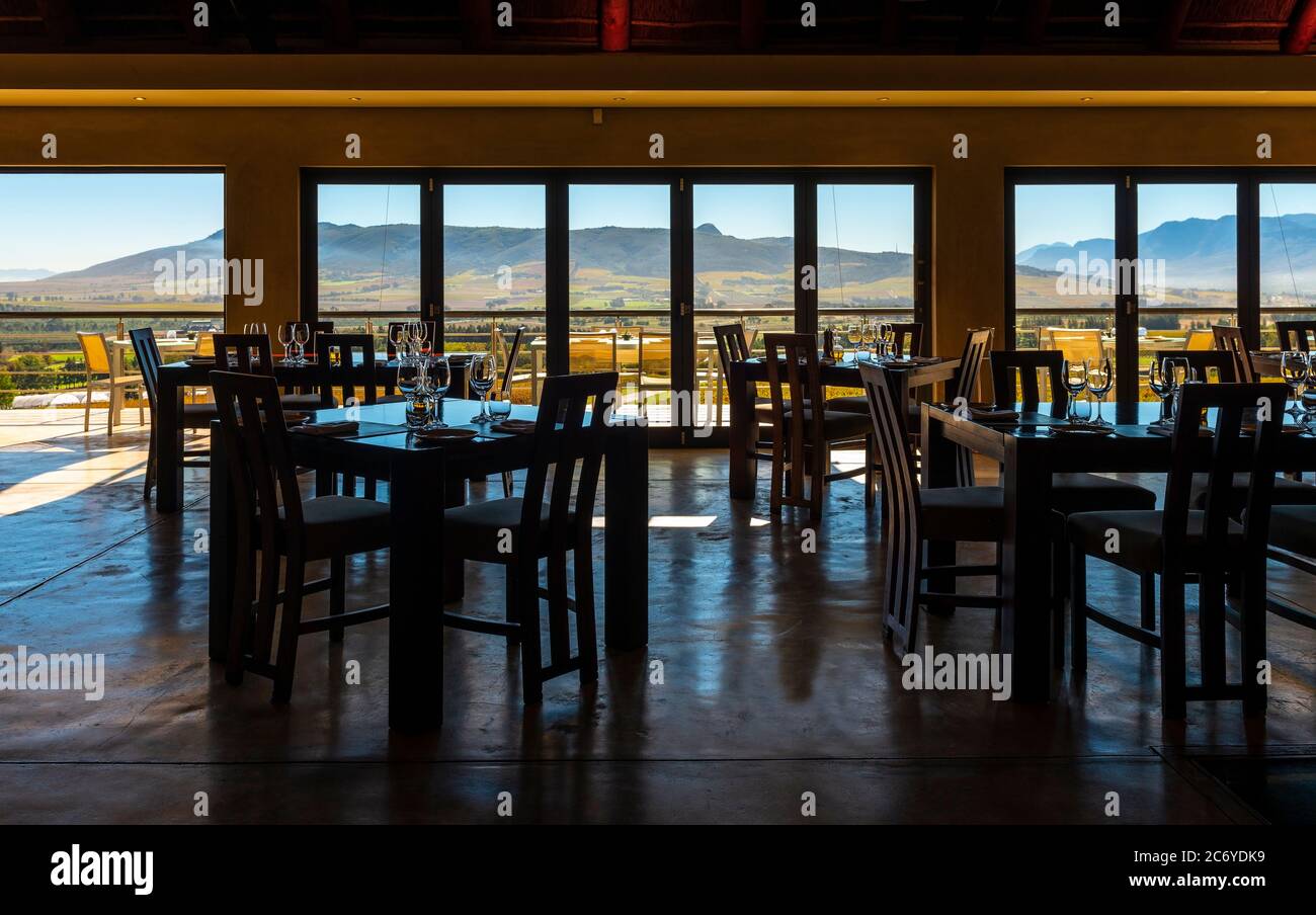 Interior of the Glen Carlou winery restaurant with view over the ...