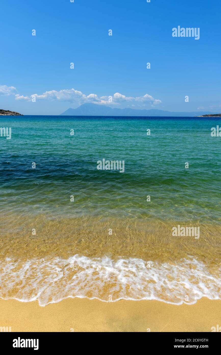 Sea sand sky concept. Sand on beach and blue summer sky, calmness and ...