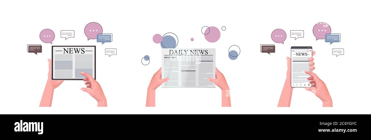 set human hands using digital gadgets reading daily news online ...