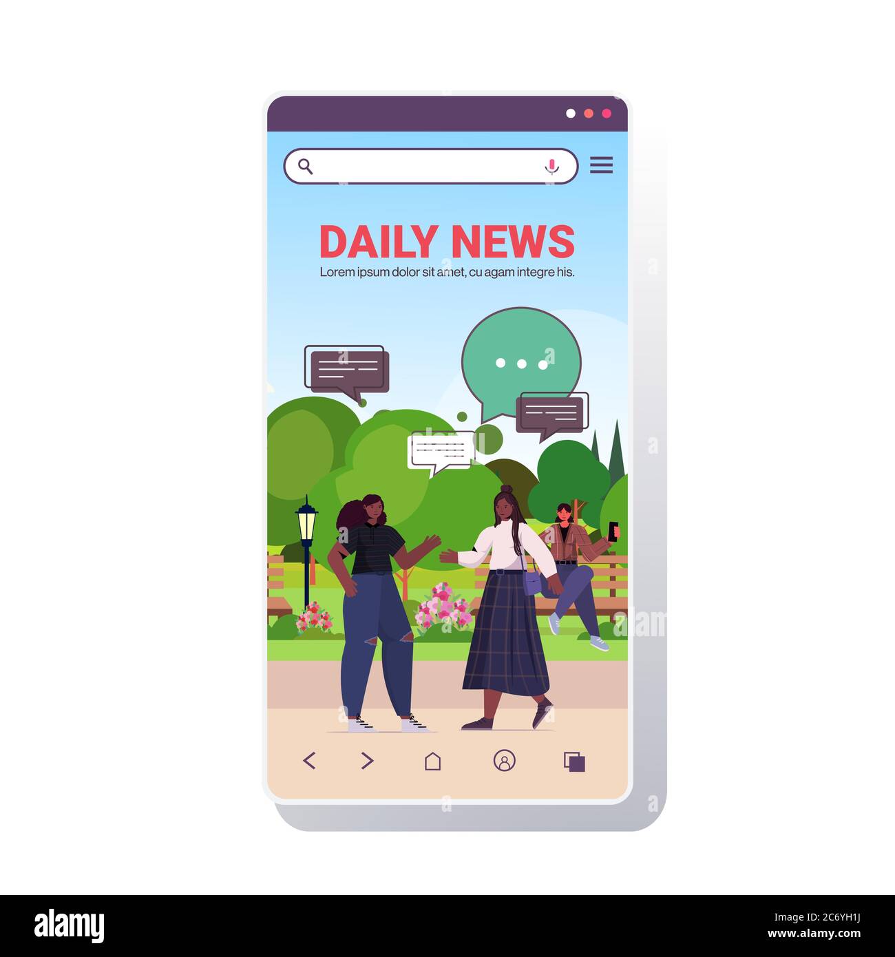 girls discussing daily news during meeting in park chat bubble ...