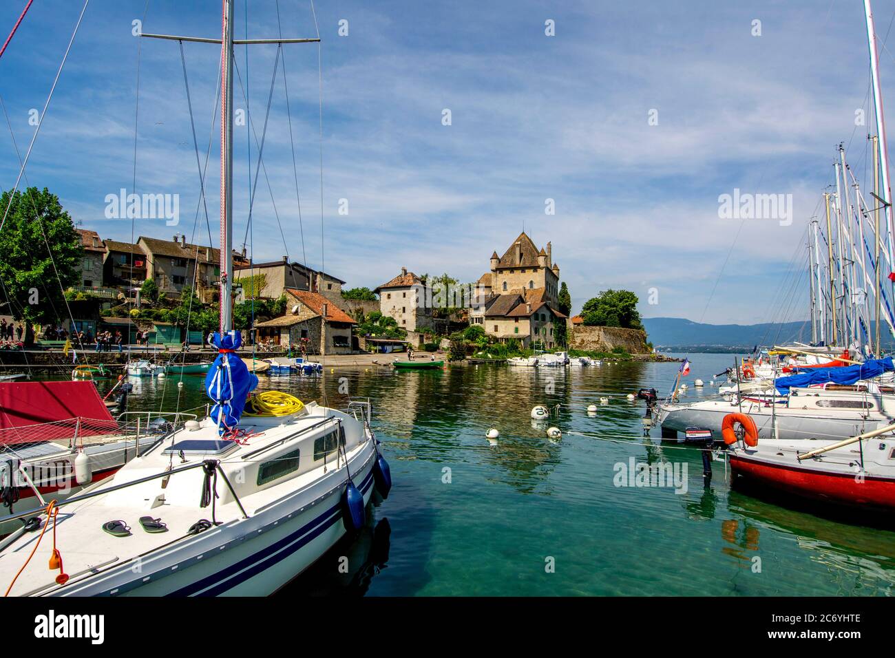 Harbour at Yvoire labelled Les Plus Beaux Villages de France. Lake ...