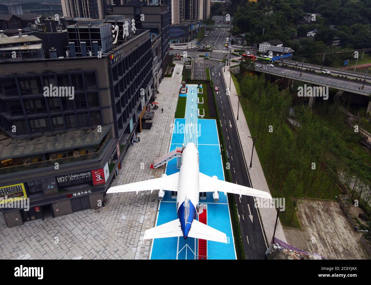 An aerial view of a retired Boeing 737 airplane, which will be ...