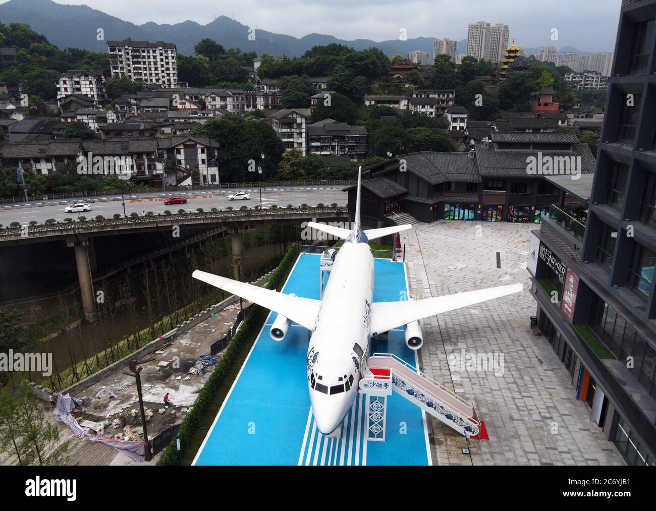 An aerial view of a retired Boeing 737 airplane, which will be ...