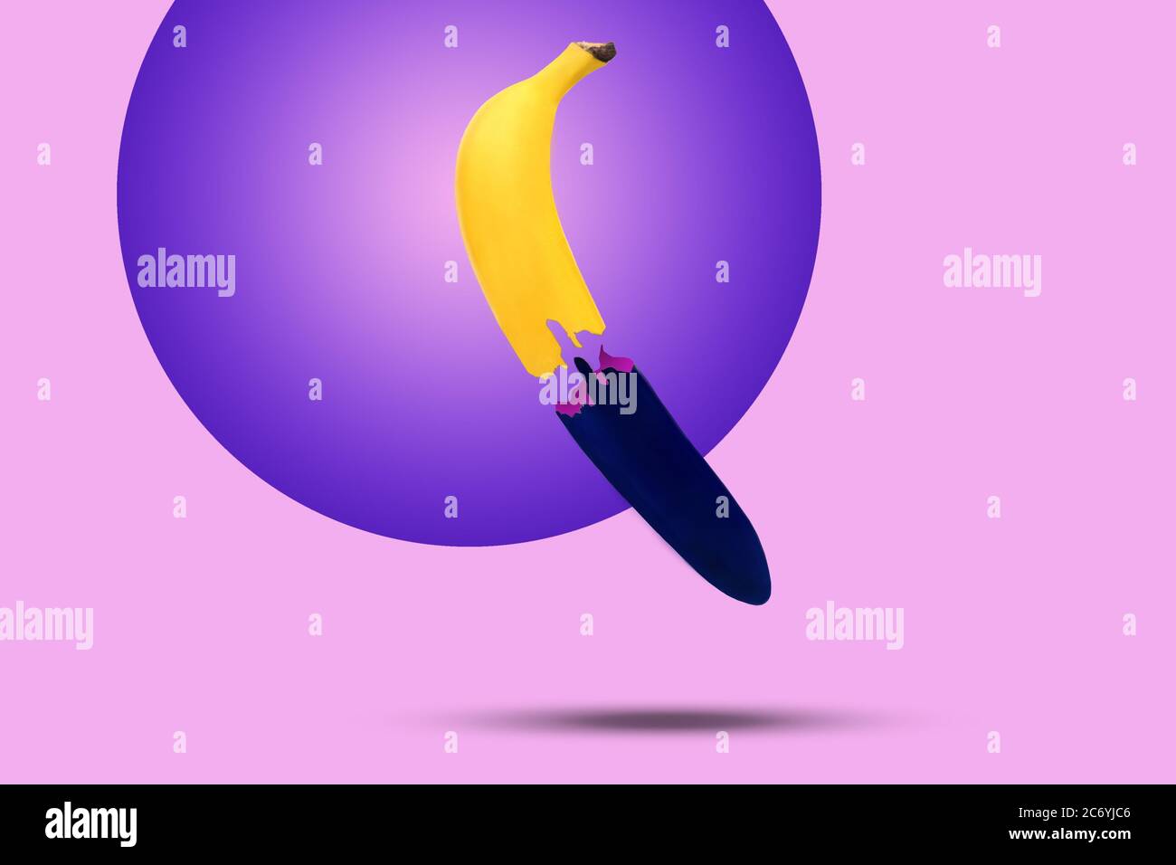 Banana cut on modern gradient purple pink background. Banana bottom ...