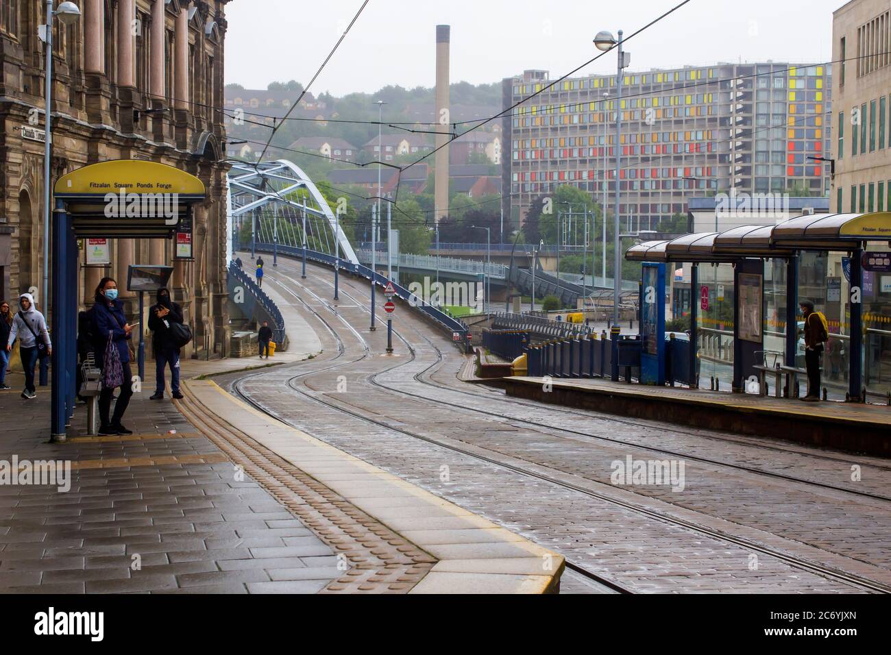 8 July 2020. A view down the steep hill on Commercial Street Sheffield ...