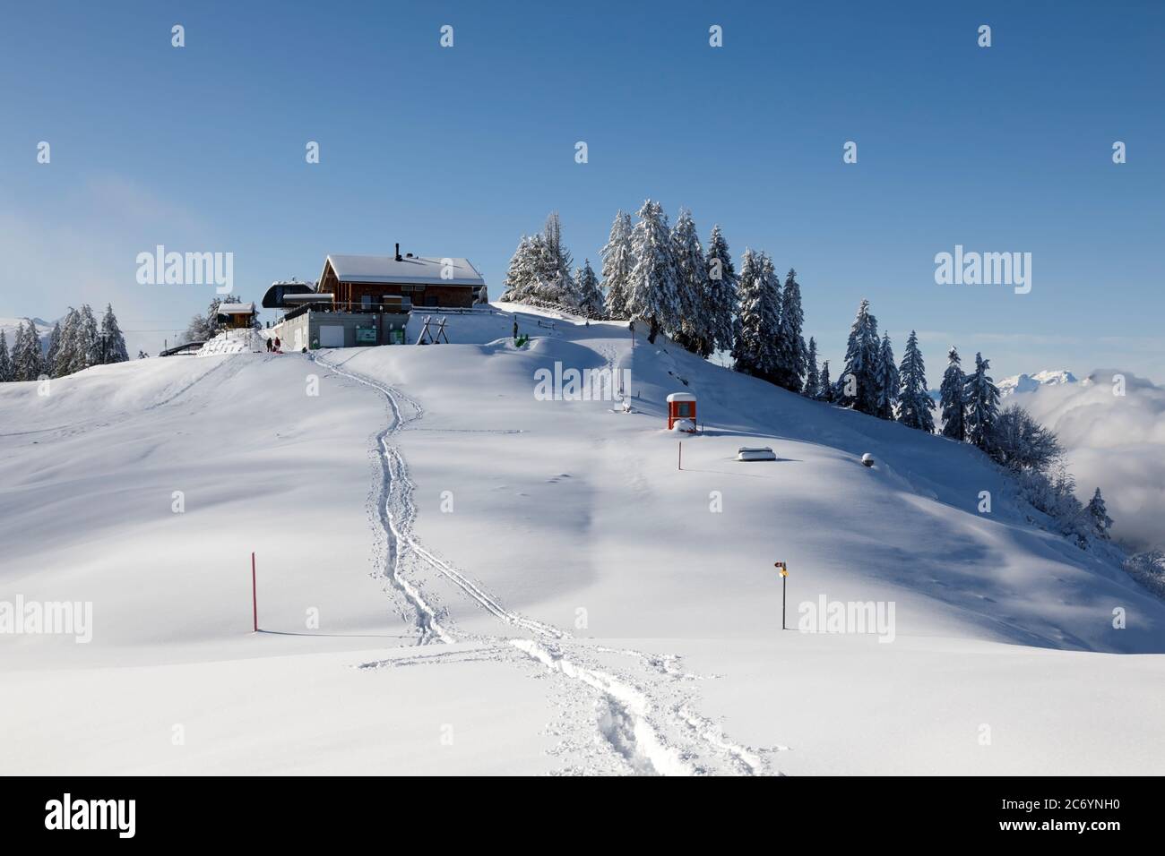 Rotenflue, Switzerland, November 4 2019: Top station of the cable car ...