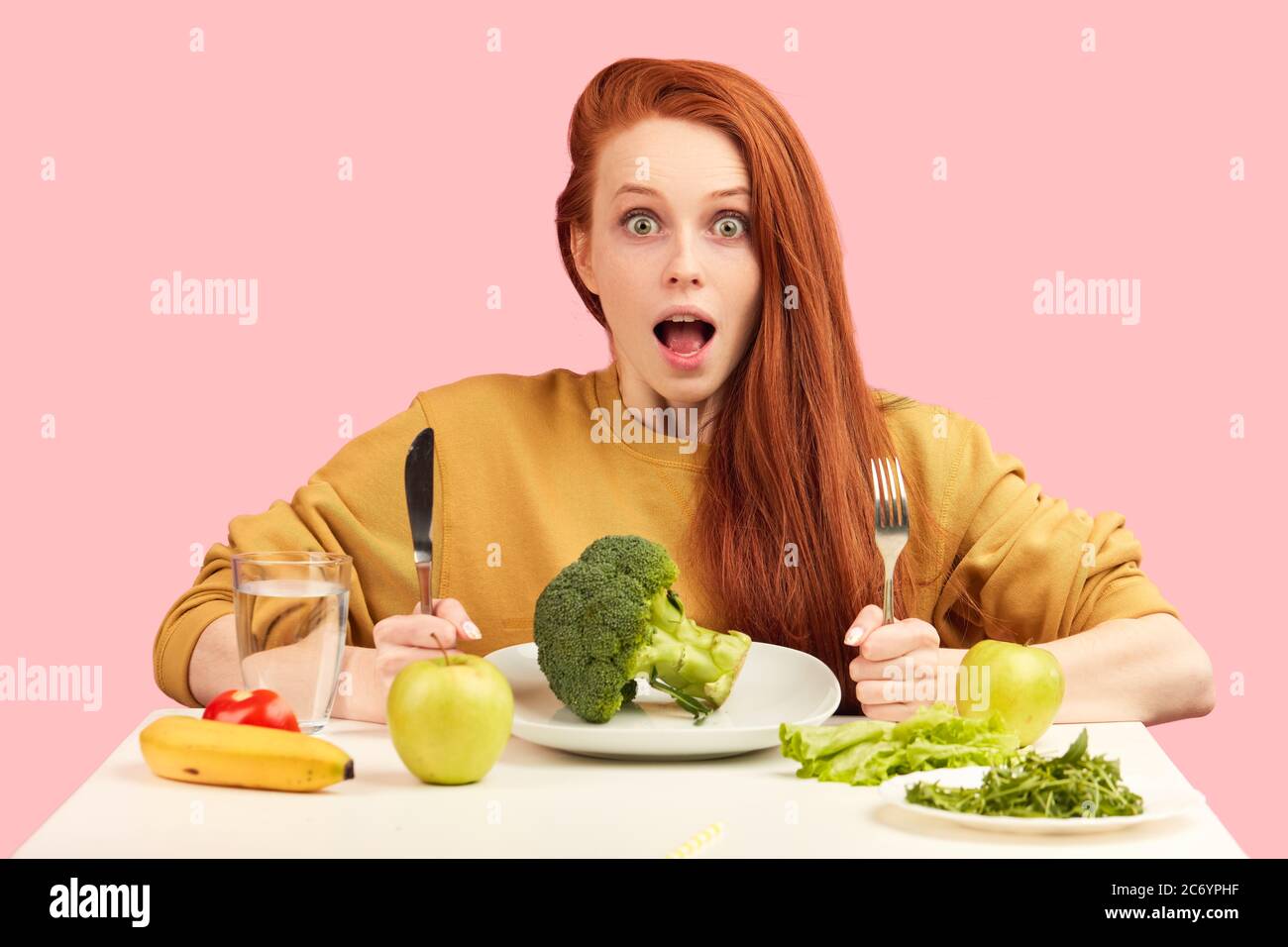 Healthy eating and dieting and calories concept. Surprised woman with ...