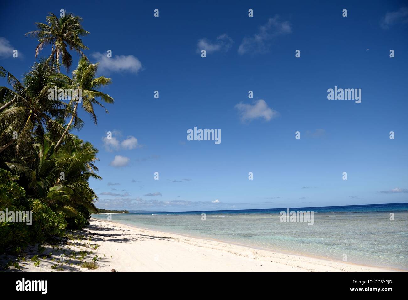 Tropical sandy beach with coconut trees and clear blue waters in Guam ...