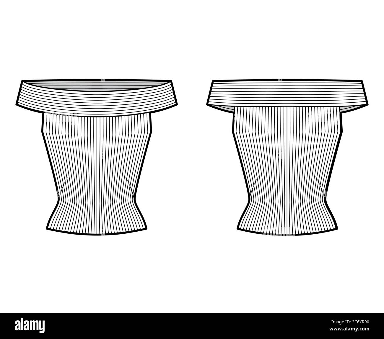 Off-the-shoulder ribbed-knit top technical fashion illustration with ...